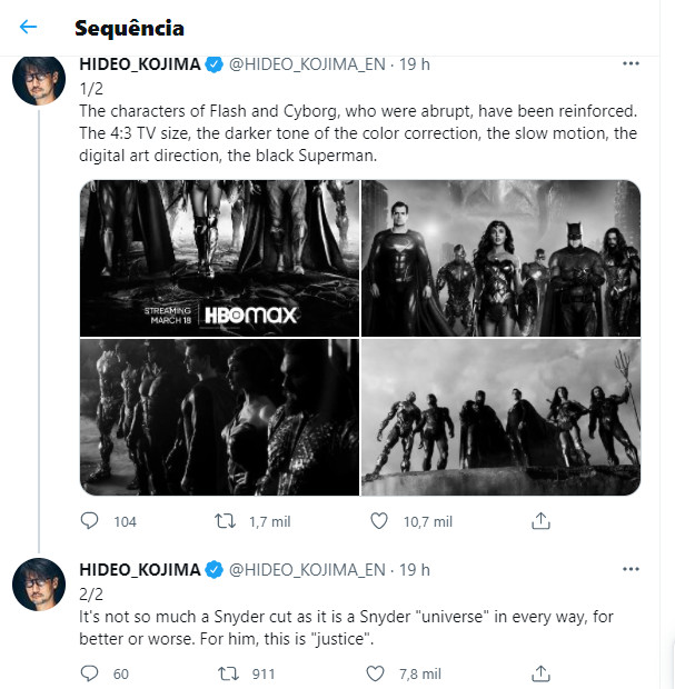 Liga da Justiça de Zack Snyder: Hideo Kojima reage ao filme nas redes ... Liga da Justiça de Zack Snyder: Hideo Kojima reage ao filme nas redes ...